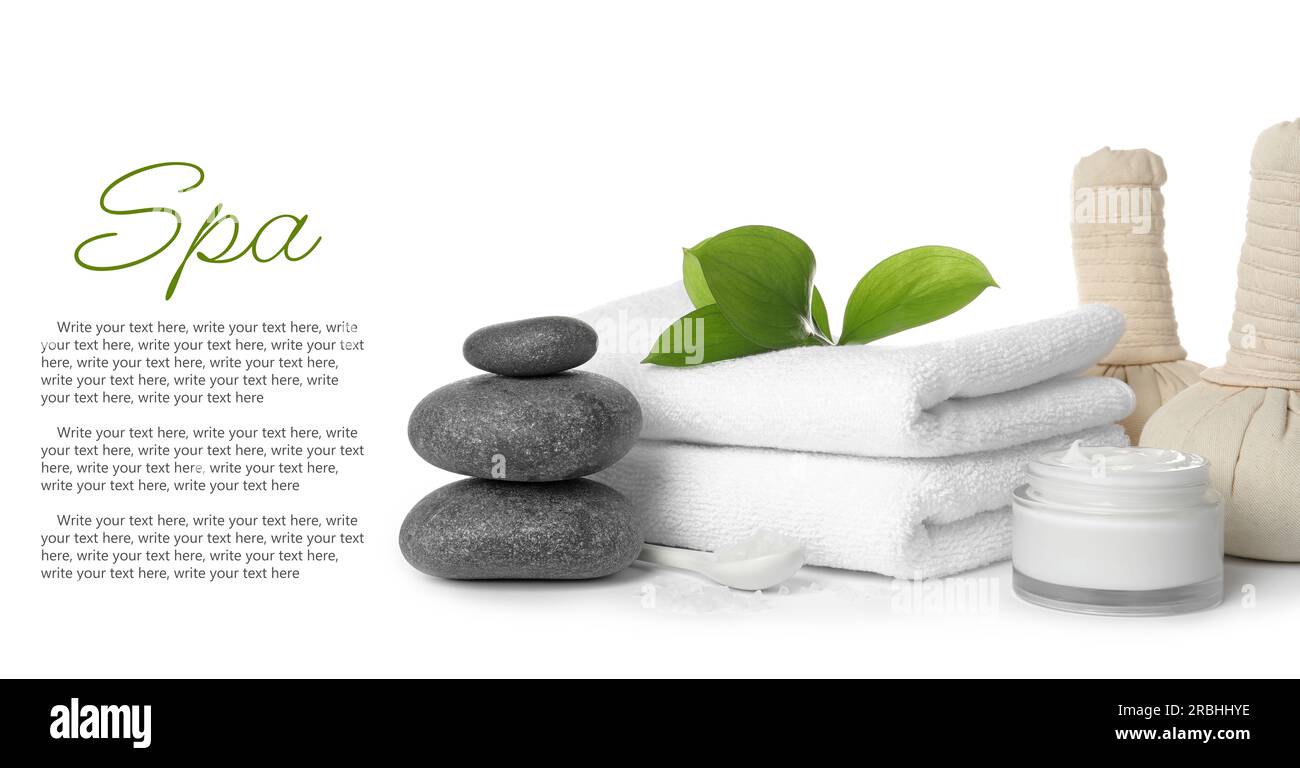 Composition with spa stones on white background. Banner design with ...