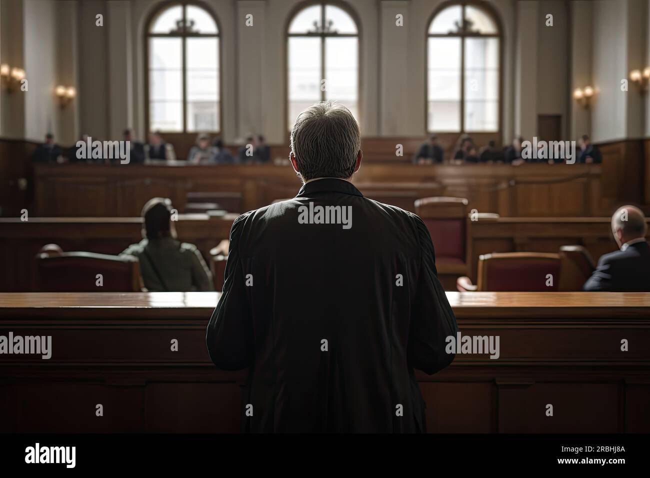 Rear view of a man sitting at the table in a courtroom, A court ...