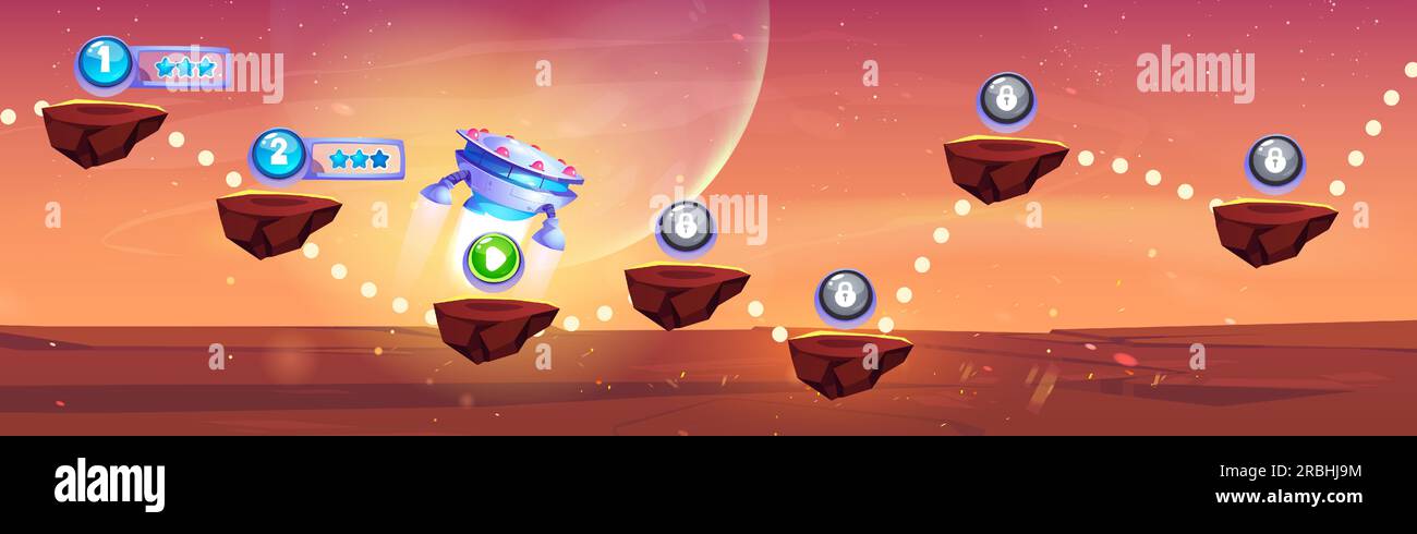 Galaxy space game level map on mars planet vector background. Flying platform on martian desert ...