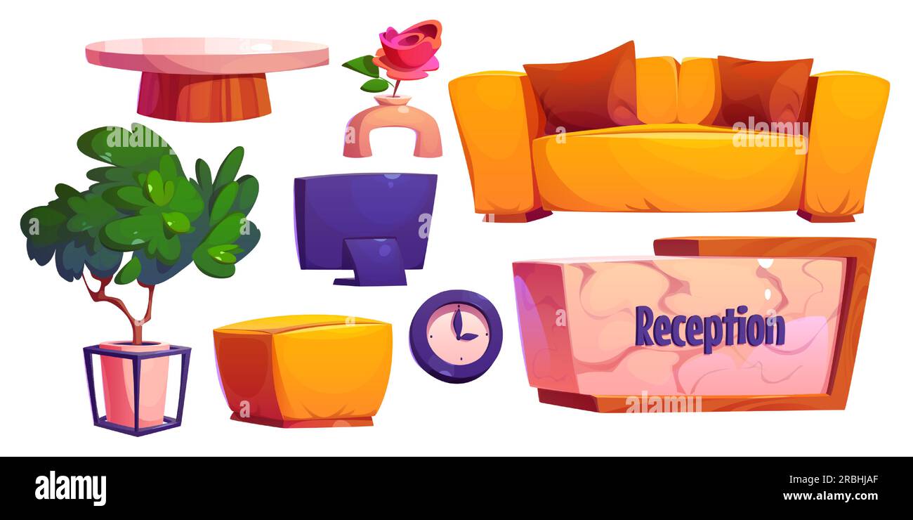 Cartoon set of hotel reception furniture isolated on white background ...