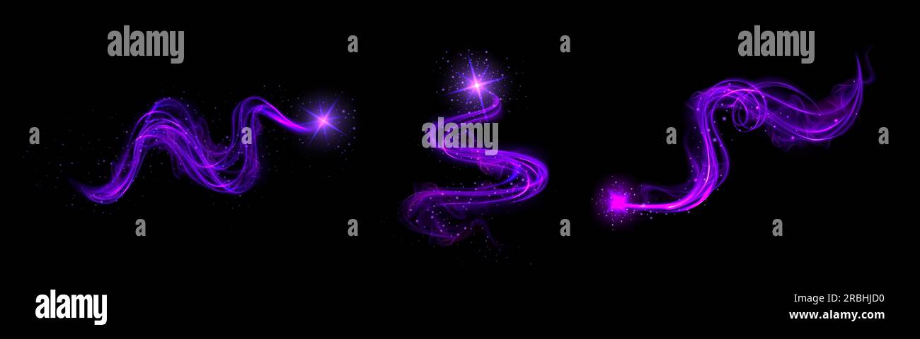 Realistic set of purple light vortex effects isolated on black ...