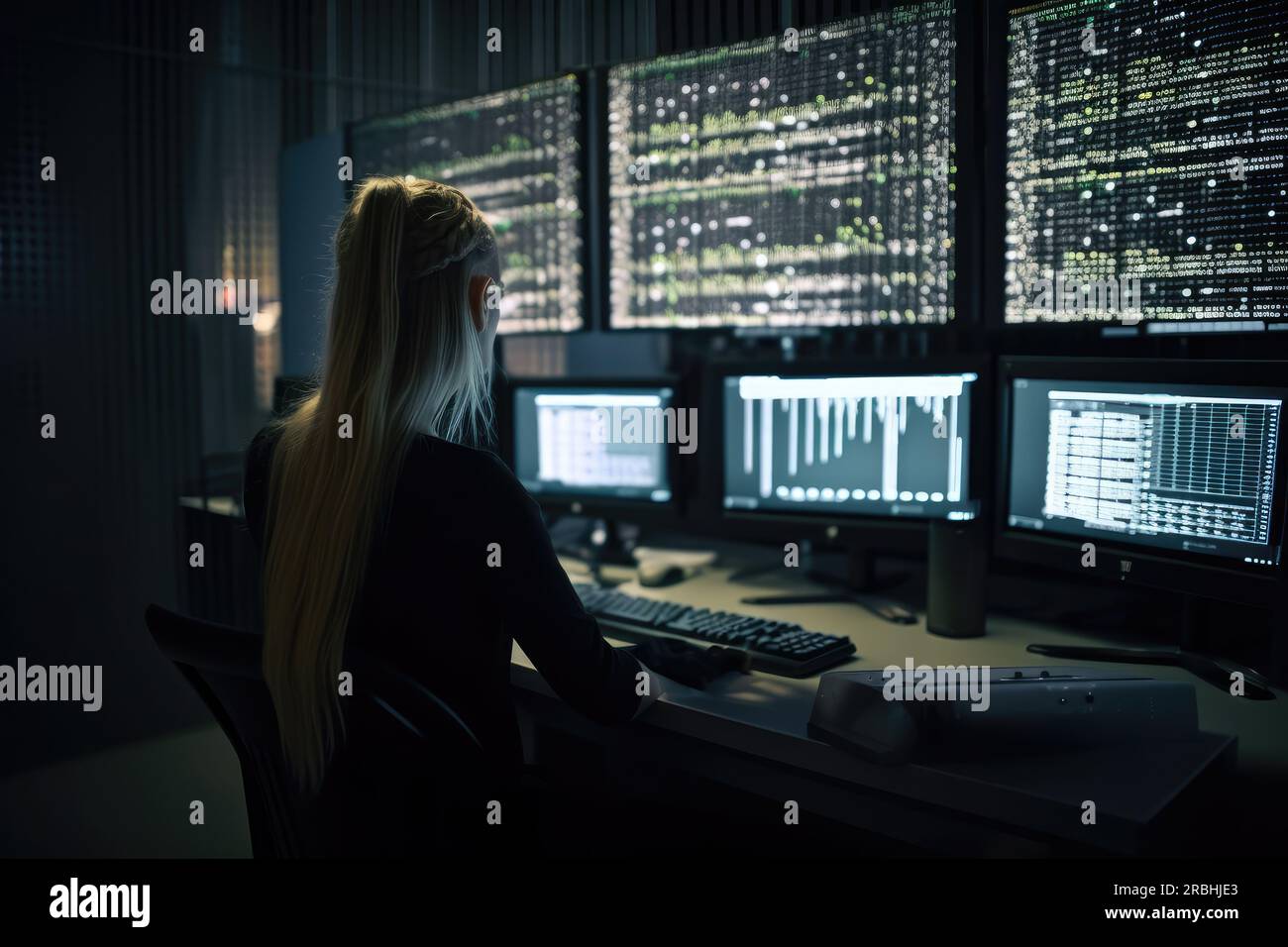 Side View Of Female Hacker Using Computer In Dark Room Blurred Background A Female Programmer