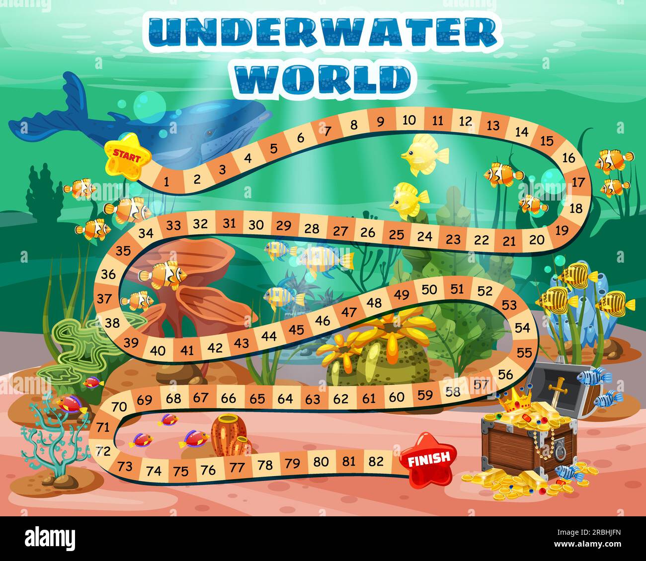Kids Boardgame Underwater World. Pirate treasure chest in bottom ocean ...