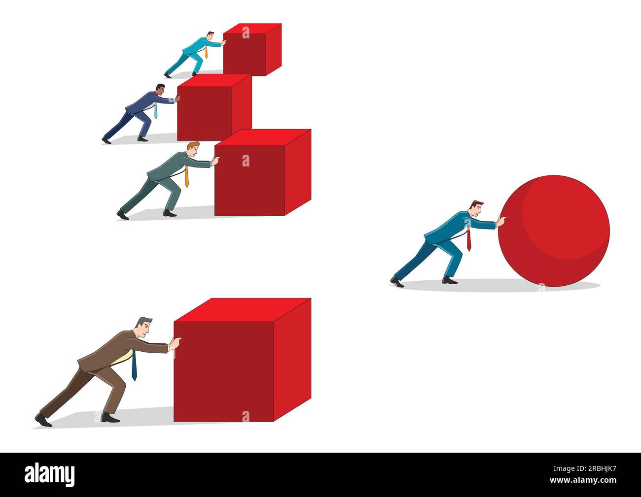 Business concept cartoon illustration of a businessman pushing a sphere ...