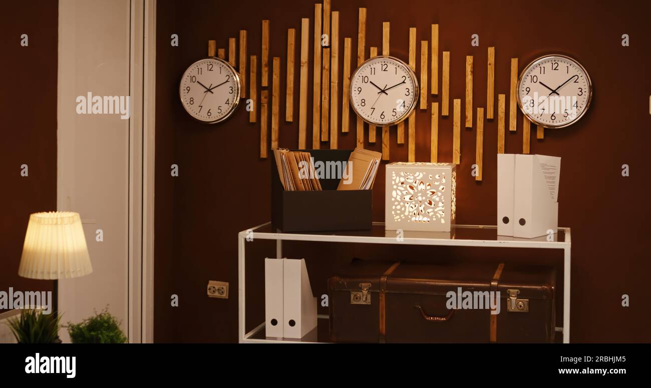 Zoom out shot of cozy hospitality industry resort lounge check in front ...