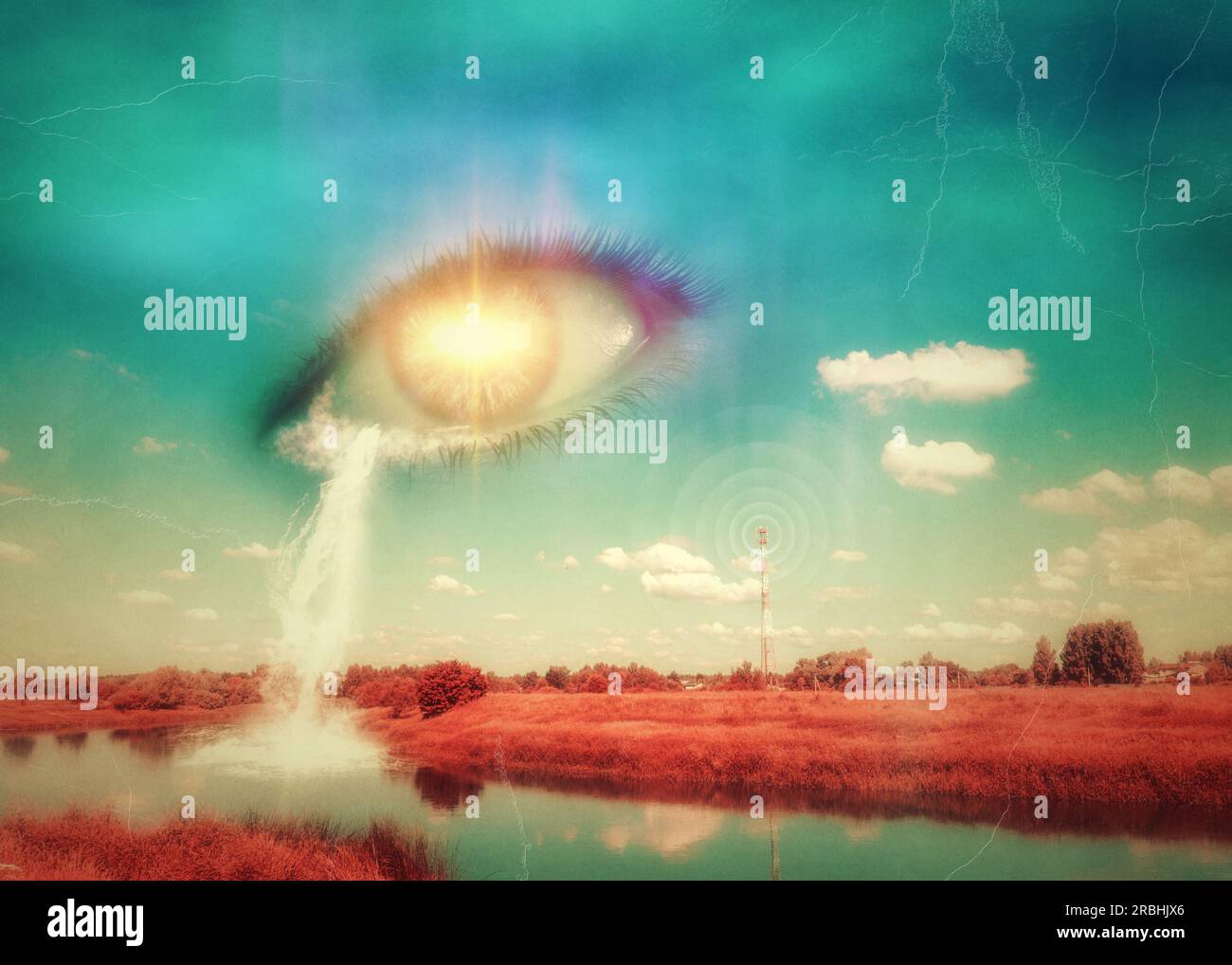 Surreal summer landscape with 3D human eye in the sky, abstract ...