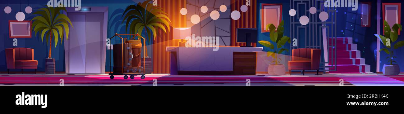 Night hotel lobby reception interior cartoon vector background ...