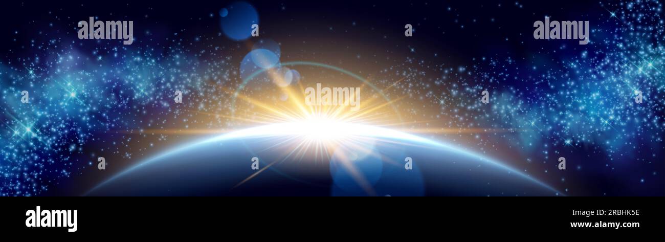 Earth planet eclipse horizon space light background. Sunrise flare ring ...