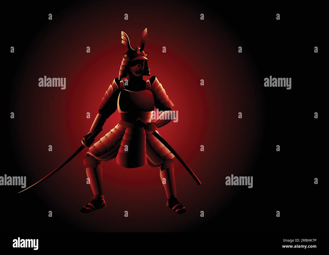 Silhouette vector illustration of an armored Samurai on dark red ...
