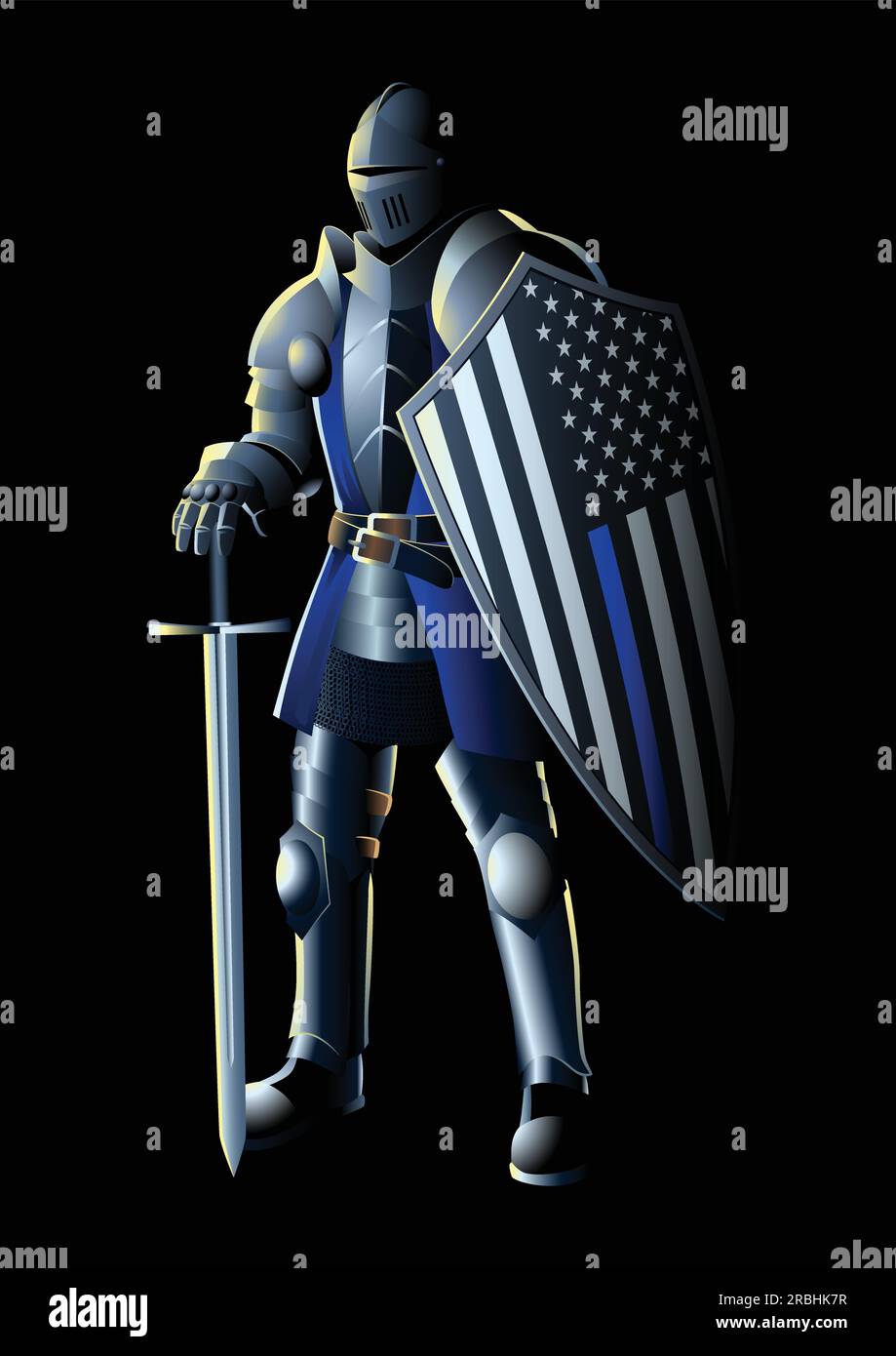 Vector illustration of a knight with thin blue line USA flag. The Thin ...