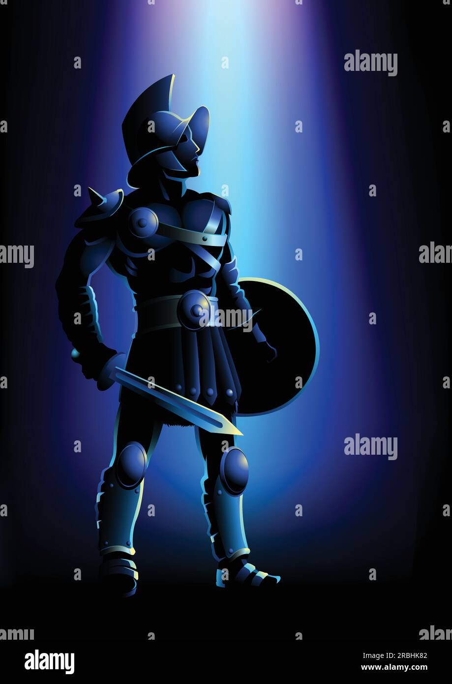 Vector illustration of a gladiator standing with sword and shield under ...