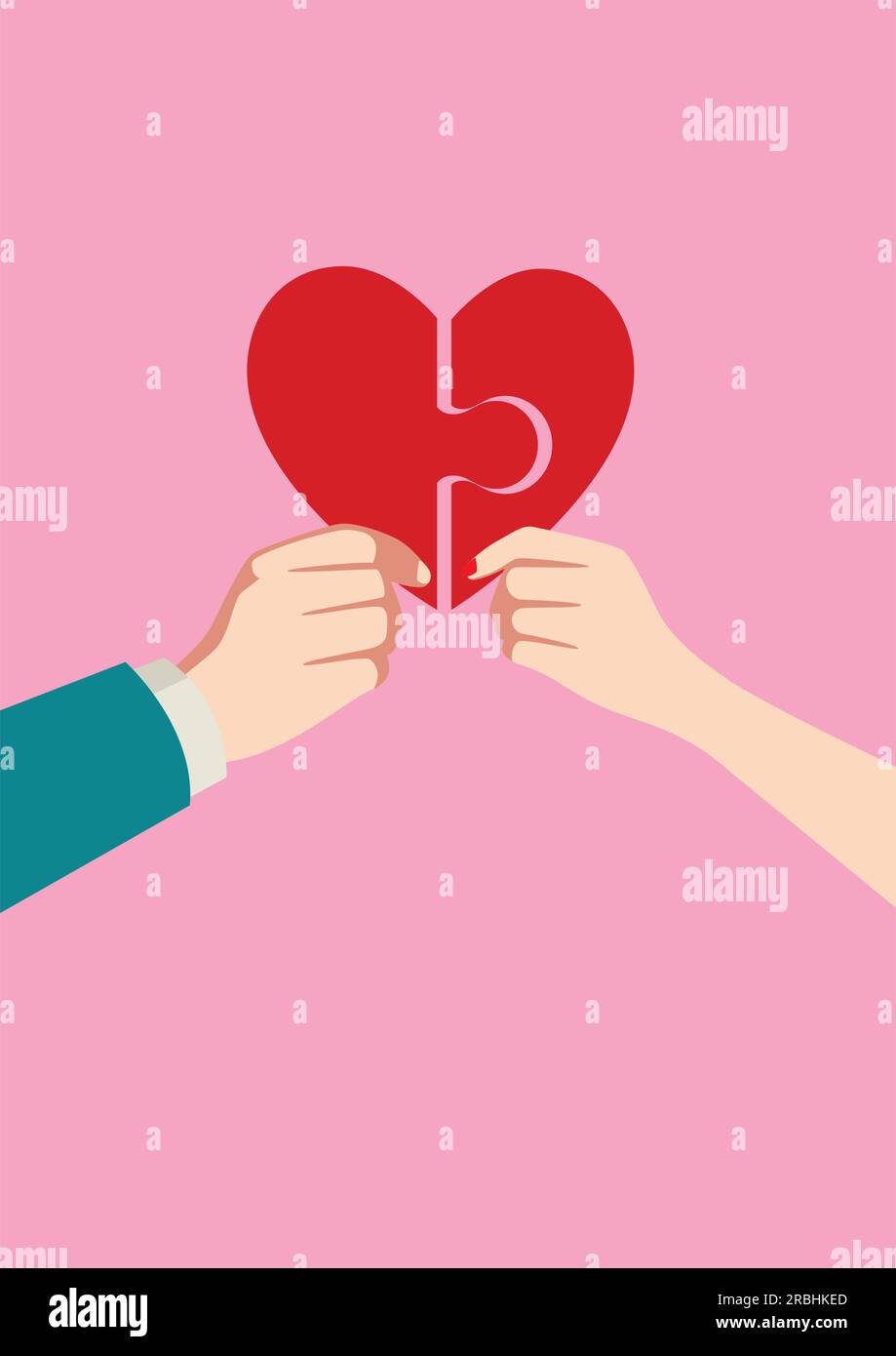 Illustration of a man and woman hand holding each part of puzzle heart ...