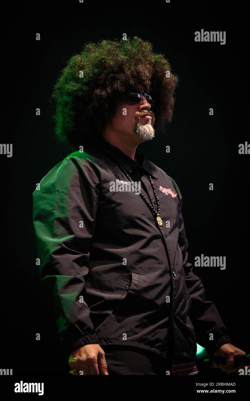 B-Real of Cypress Hill performs on stage sporting sunglasses, a large ...