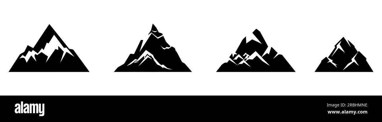 Mountain image. Hand drawn rocky peaks in flat style. Set of black ...