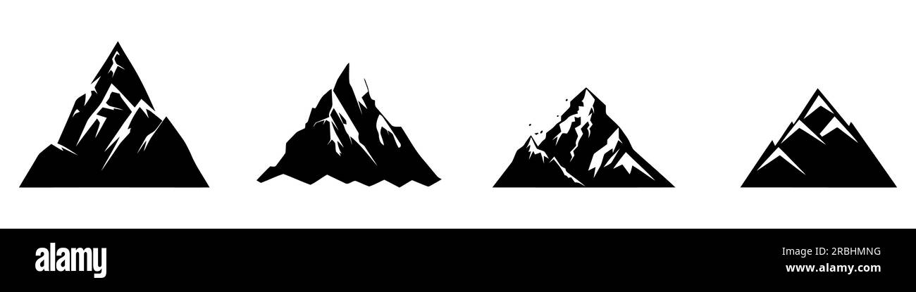 Mountain image. Hand drawn rocky peaks in flat style. Set of black ...