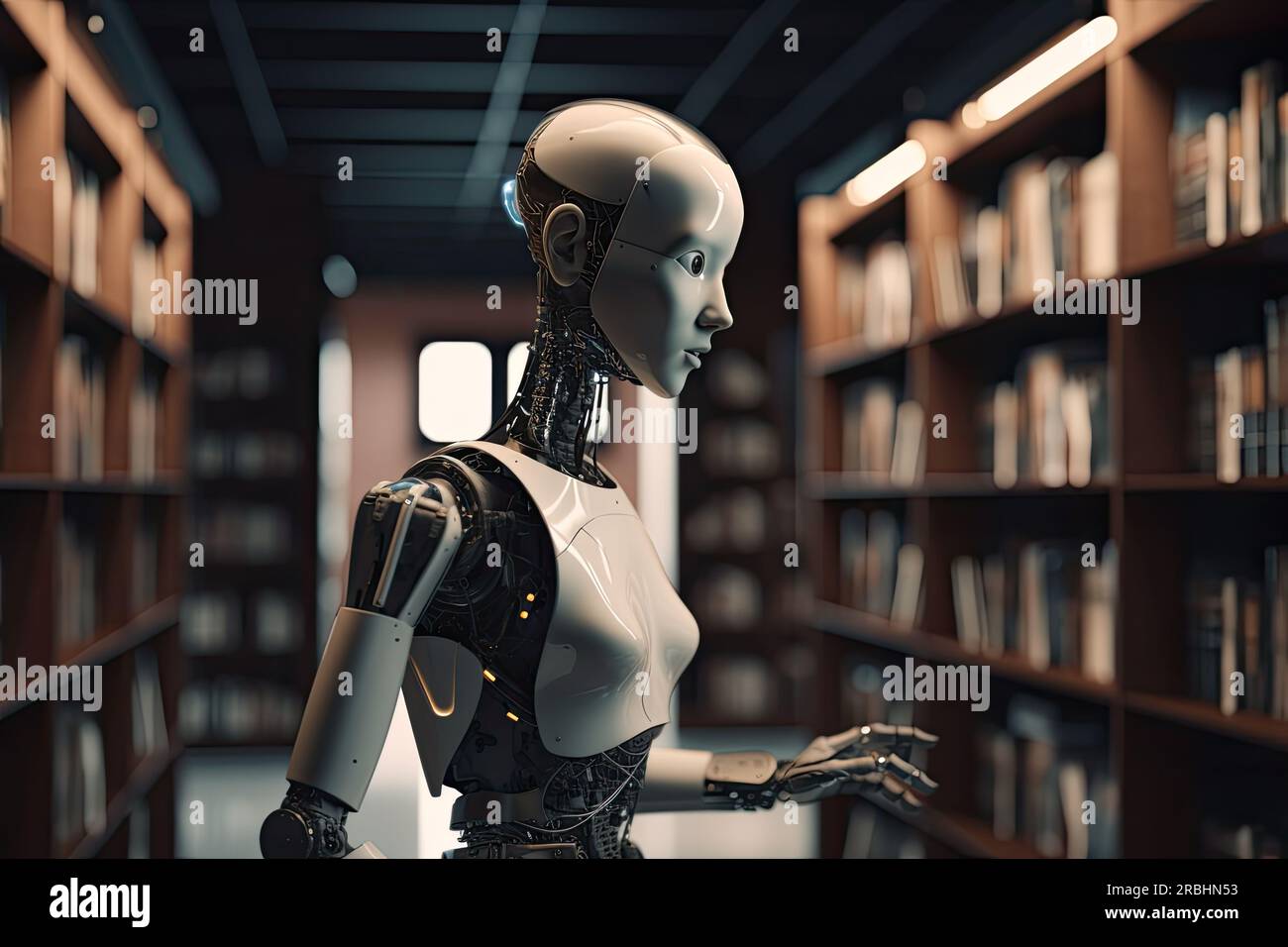 3d rendering humanoid robot in library with bookshelves on background, Futuristic AI robot ...