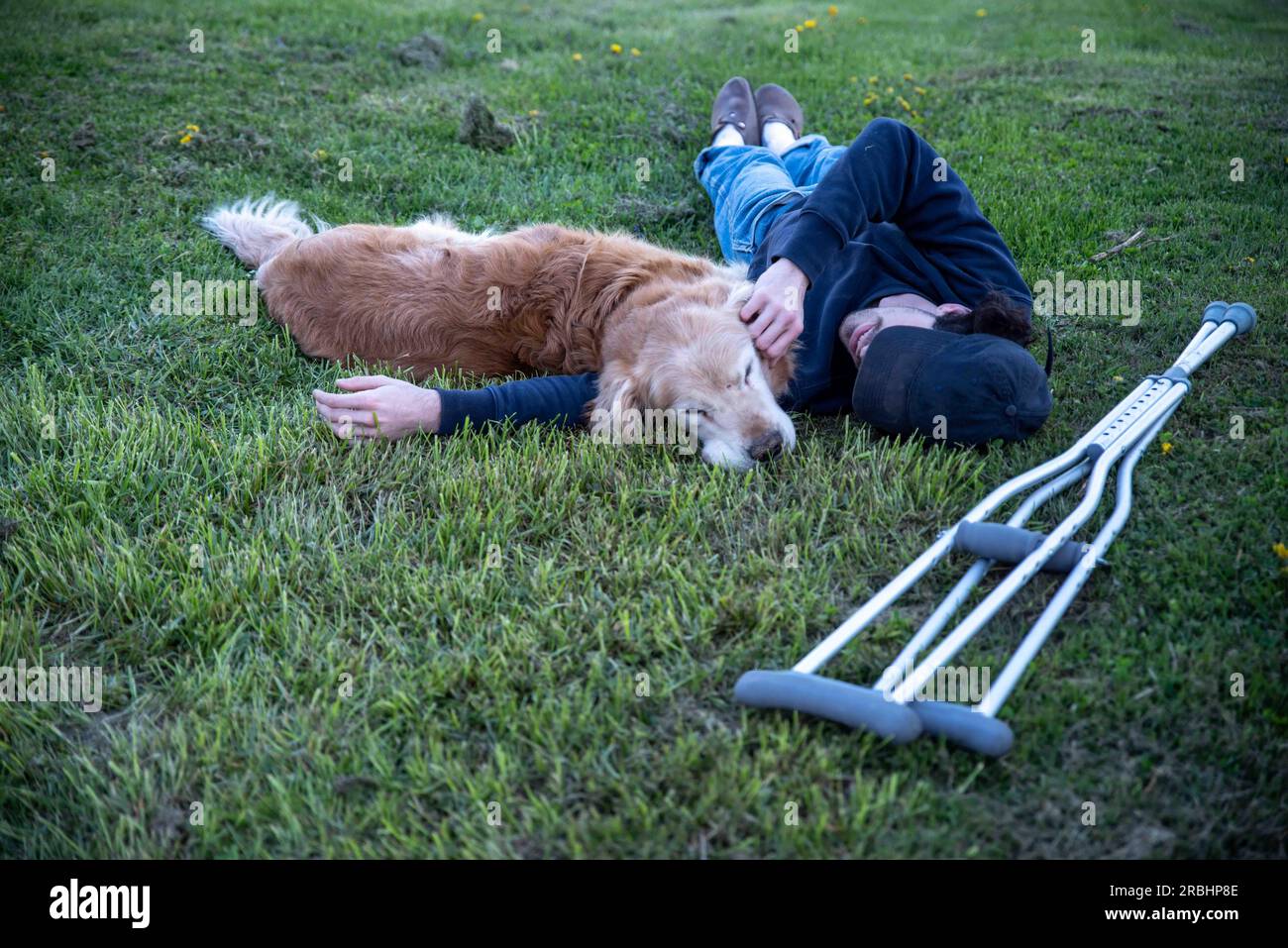 Crutches in the foreground of this idyllic rural nature background ...