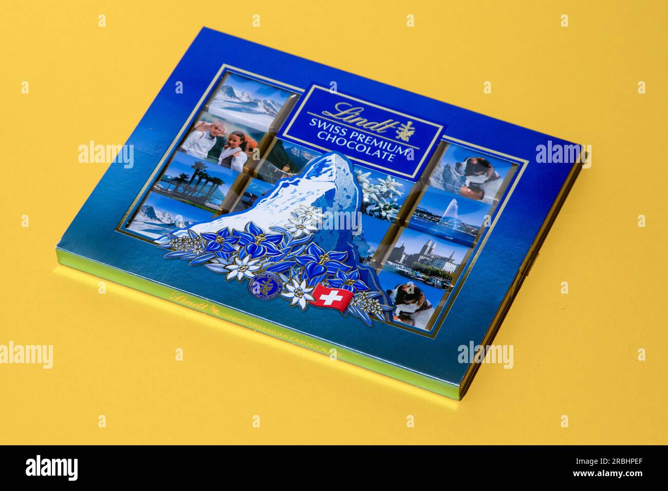 A blue box of Lindt chocolates. Swiss premium chocolate. Souvenir gift ...