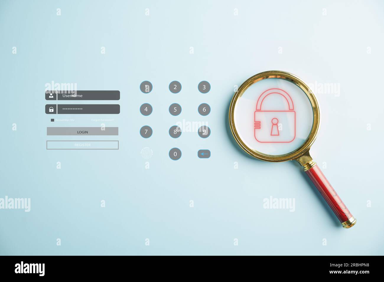 Magnifying glass highlights shield lock icon Stock Photo - Alamy