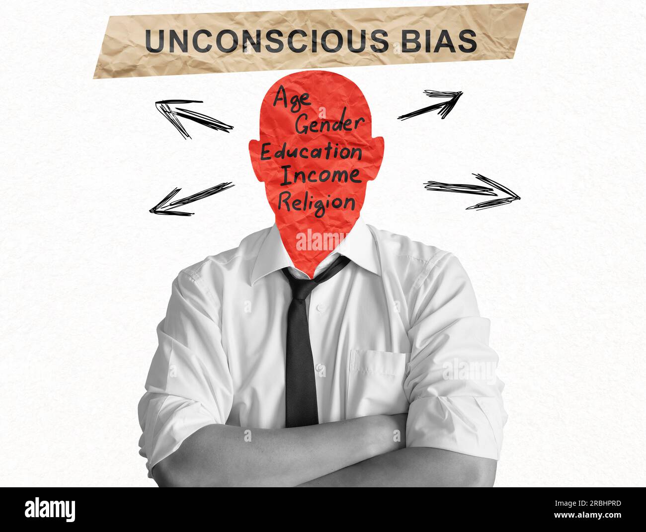 Collage with man with paper head and sign unconscious bias Stock Photo ...