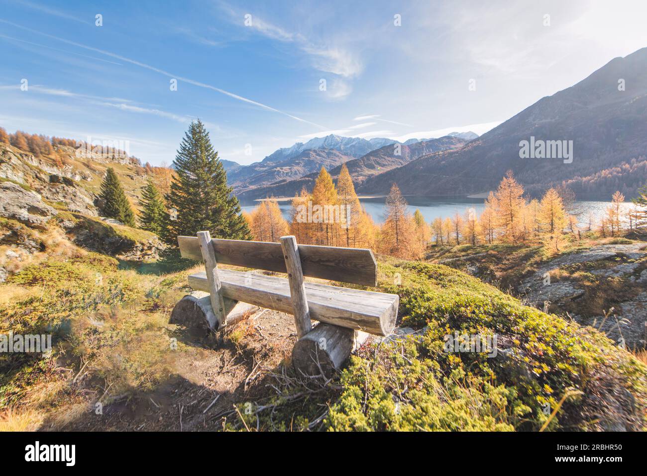 Panoramic wooden tourist bench for landscape observation on lakes in ...