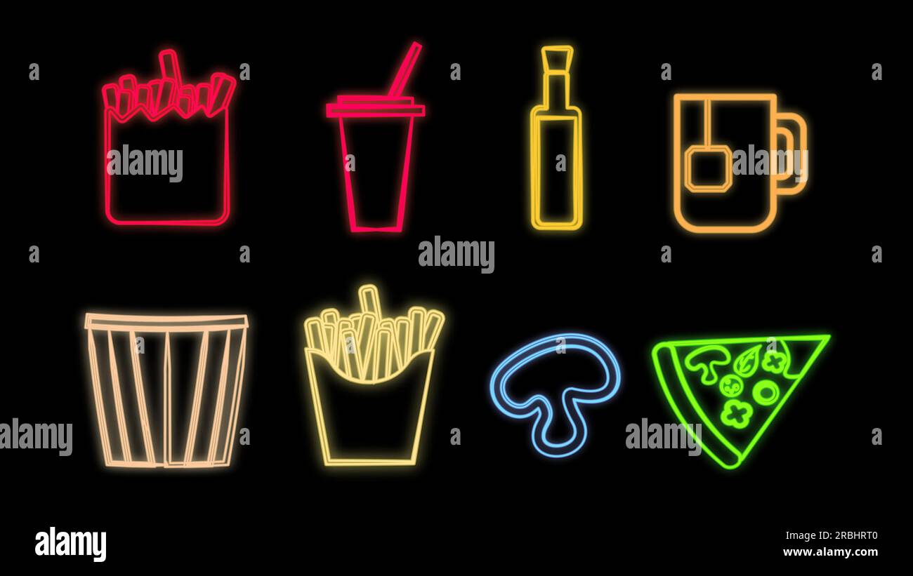 Neon bright glowing multicolored set of eight icons of delicious food ...