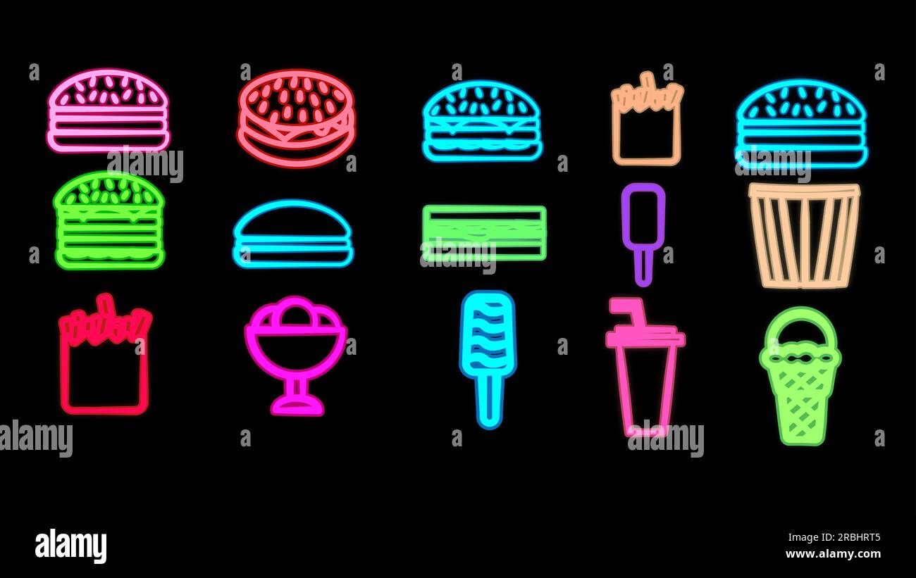 Neon bright glowing multicolored set of 15 icons of delicious food and ...