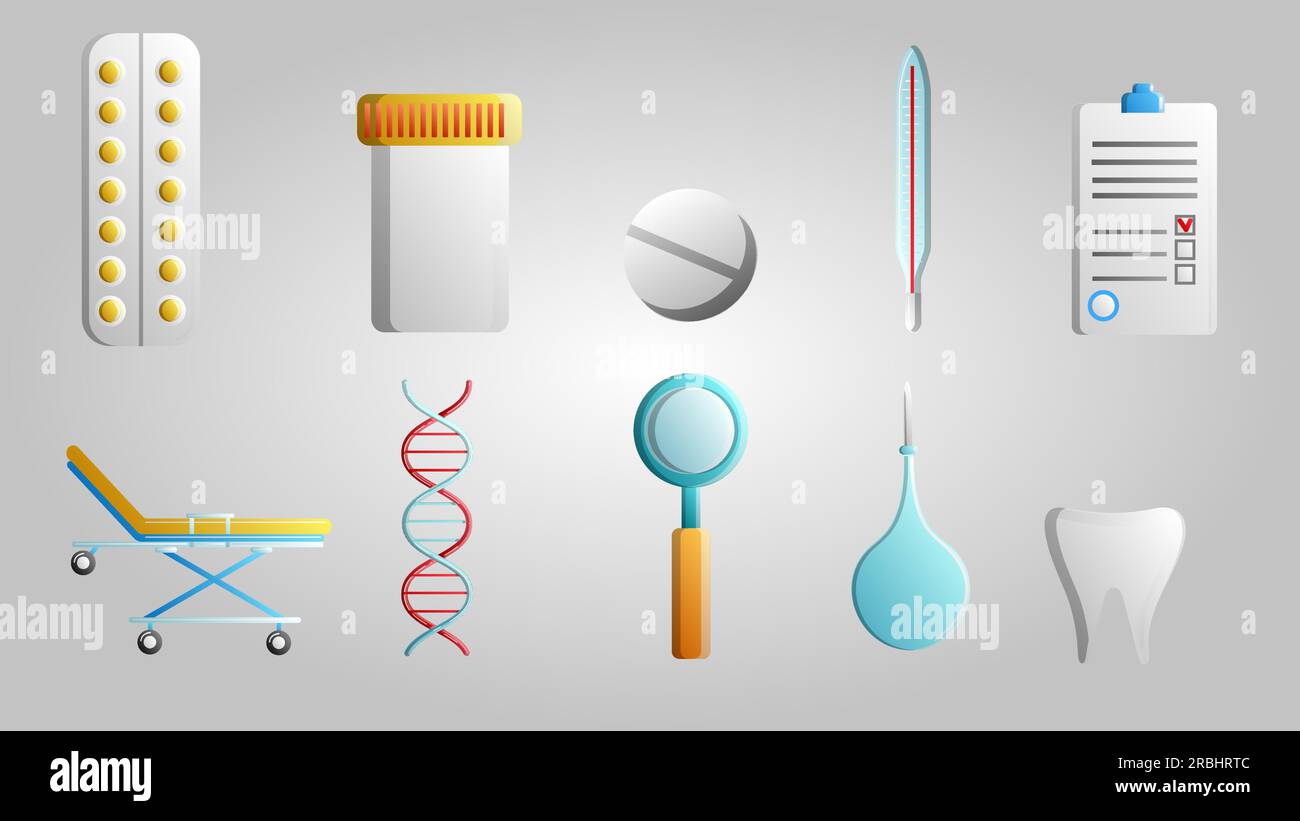 Large set of 10 medical scientific medical medical items jar icons with pills capsules beds ...