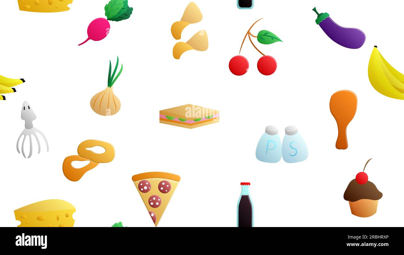 Endless white seamless pattern of delicious food and snack items icons ...