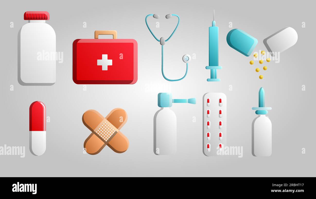 Large set of 10 medical scientific medical items jar icons with tablets ...