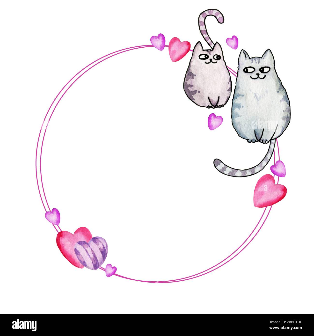 Watercolor circle frame of valentine day theme with cute cats, heart ...