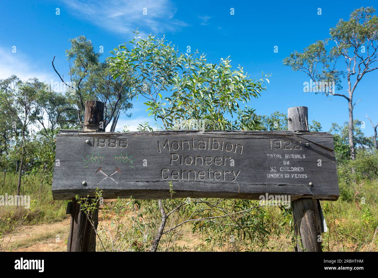 Timber sign for the historic Montalbion pioneer cemetery, 1886, near ...