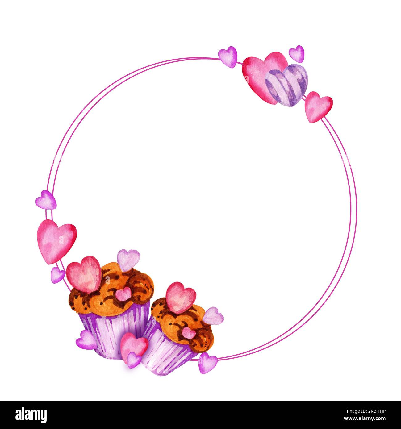 Watercolor circle frame of valentine day theme with cupcakes, muffins ...