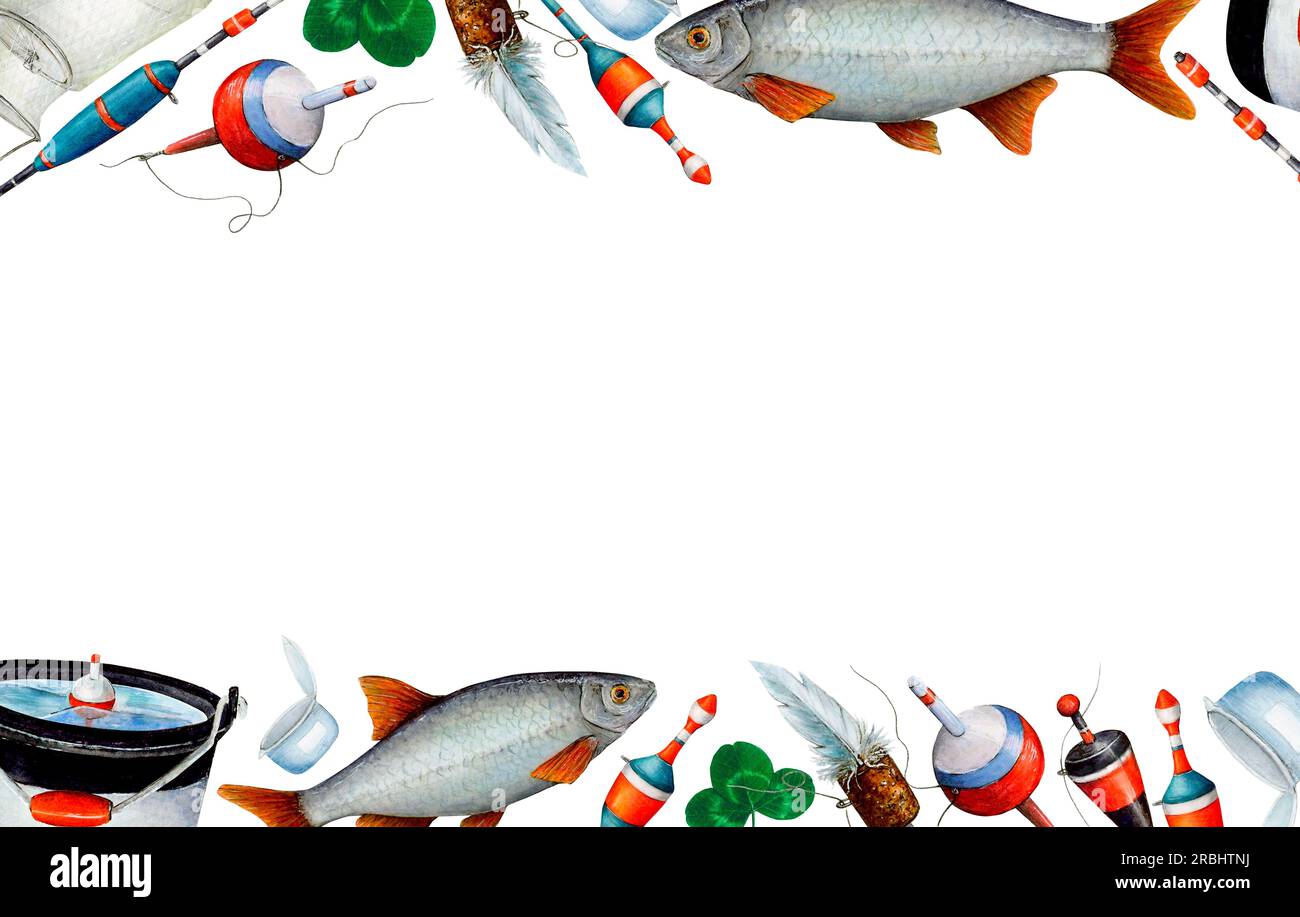 Watercolor drawing banner from various fishing bobblers, fish, buckets ...