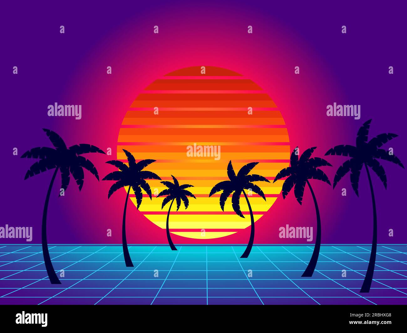 Retro sci-fi background with retro sun, palm trees and 80s style ...