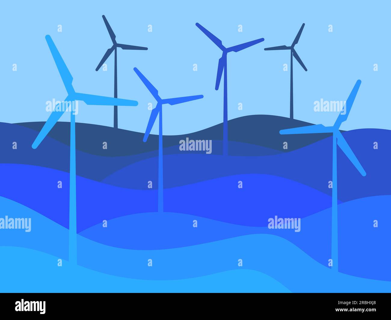 Green energy, wavy landscape with wind turbines in a minimalist style ...