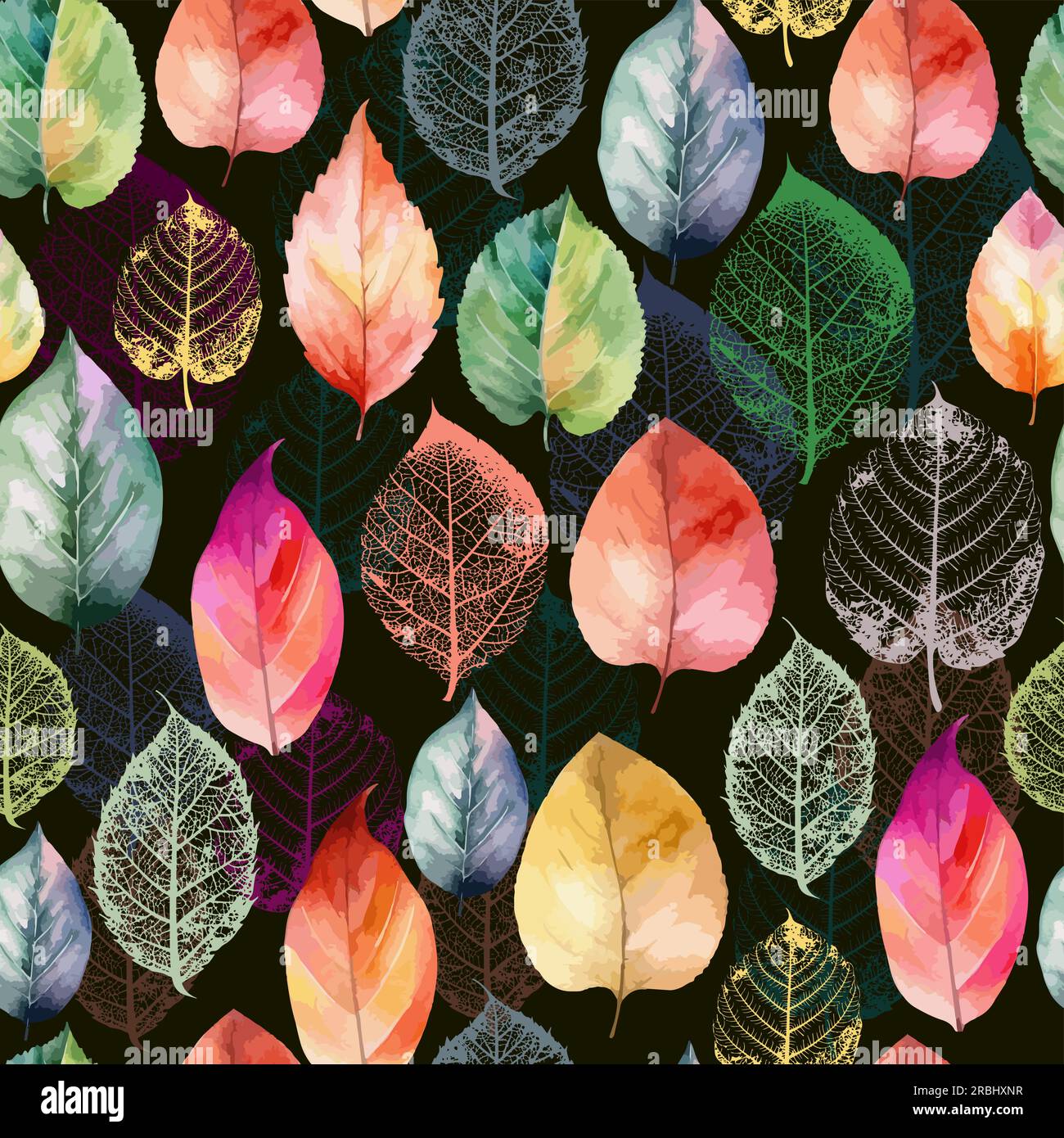 Autumn leaves watercolor seamless pattern on a black background. Vector ...