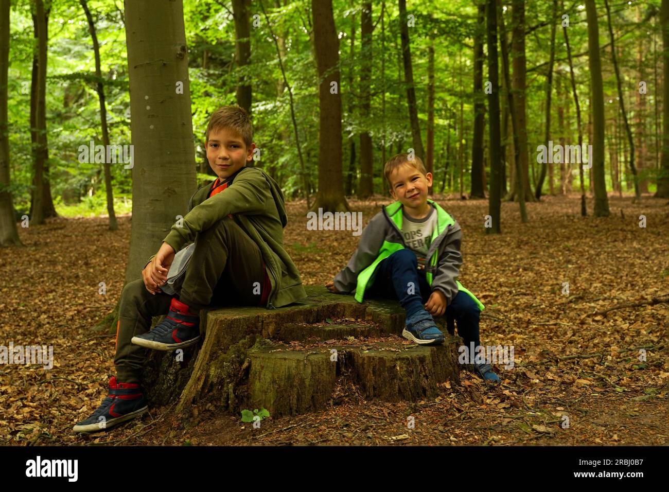 Two friends sitting on a stump in the forest and smiling. Two kids ...