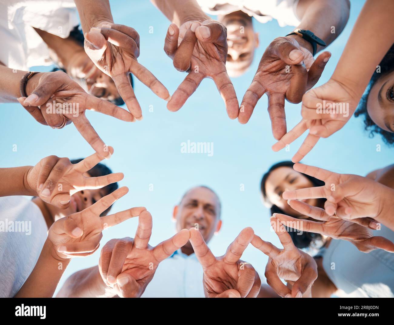 Peace, hands and people with star for team building, support and ...