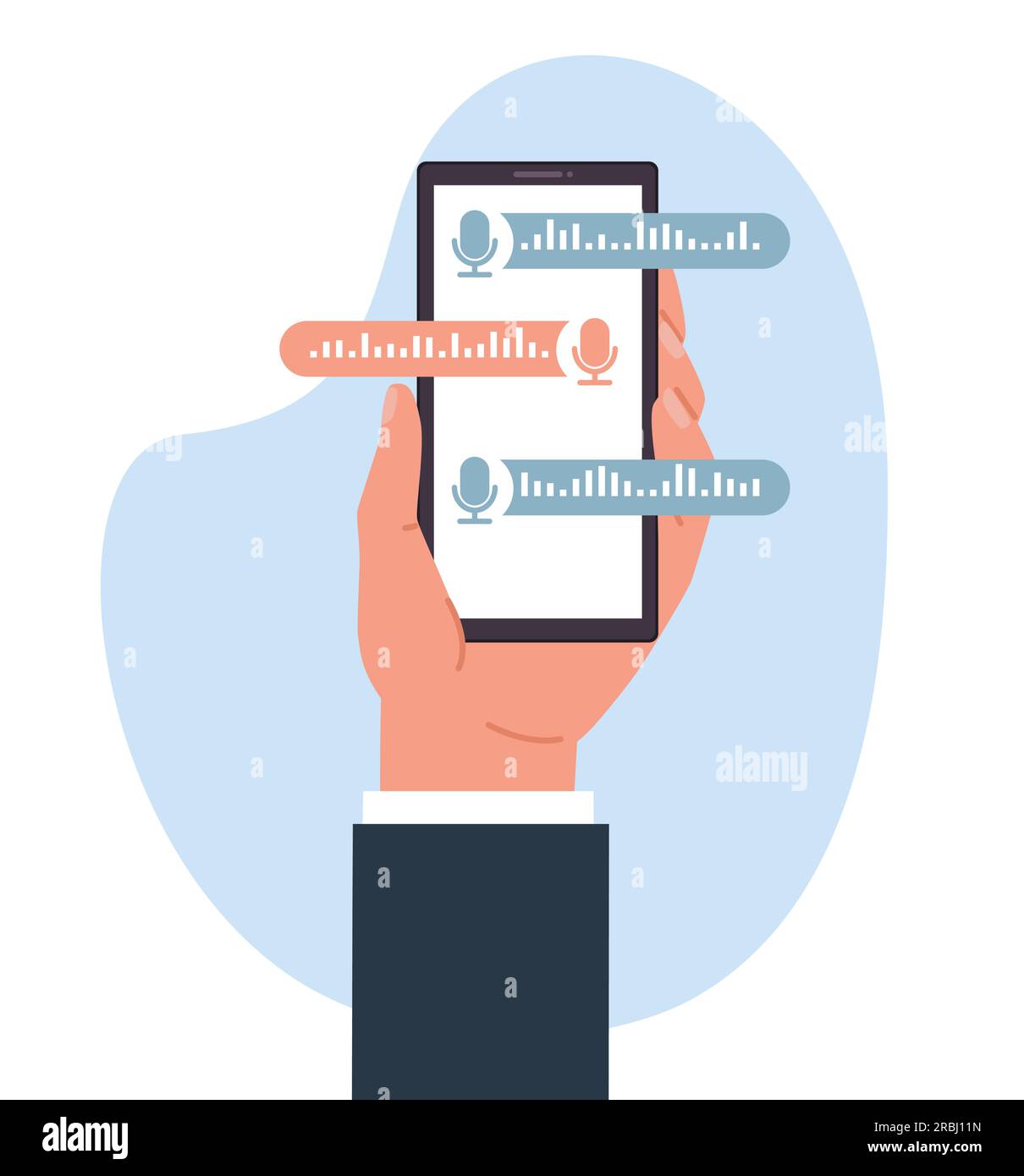 Hand hold smartphone, communicating by voice messaging. Phone screen ...