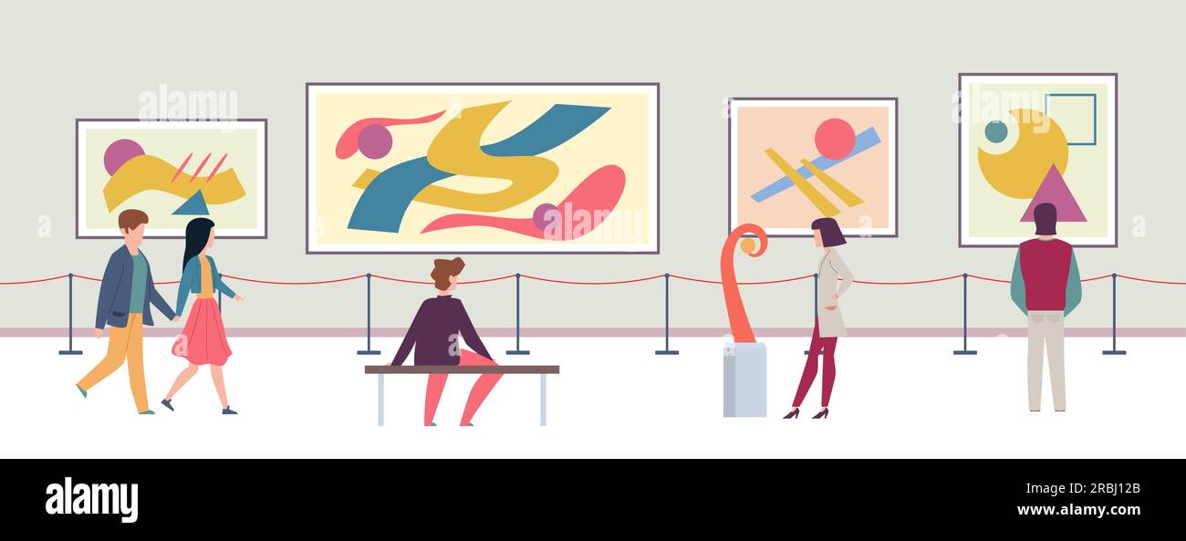 Museum. Art gallery. Visitors of modern exhibition, tourists looking at ...