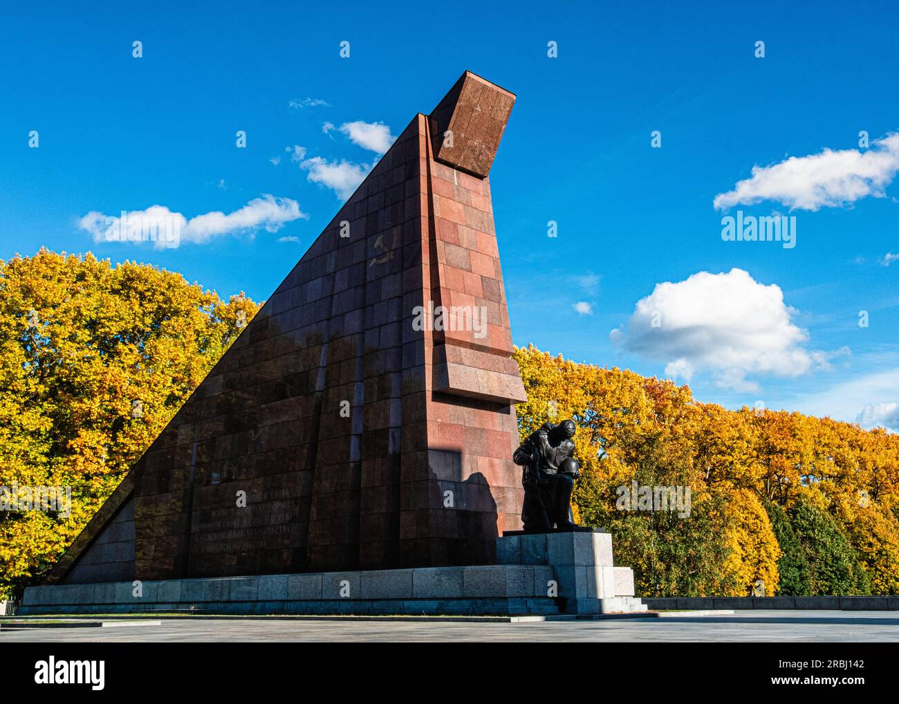 Abstract Granite flag & soldier sculpture with bowed head at the Soviet ...