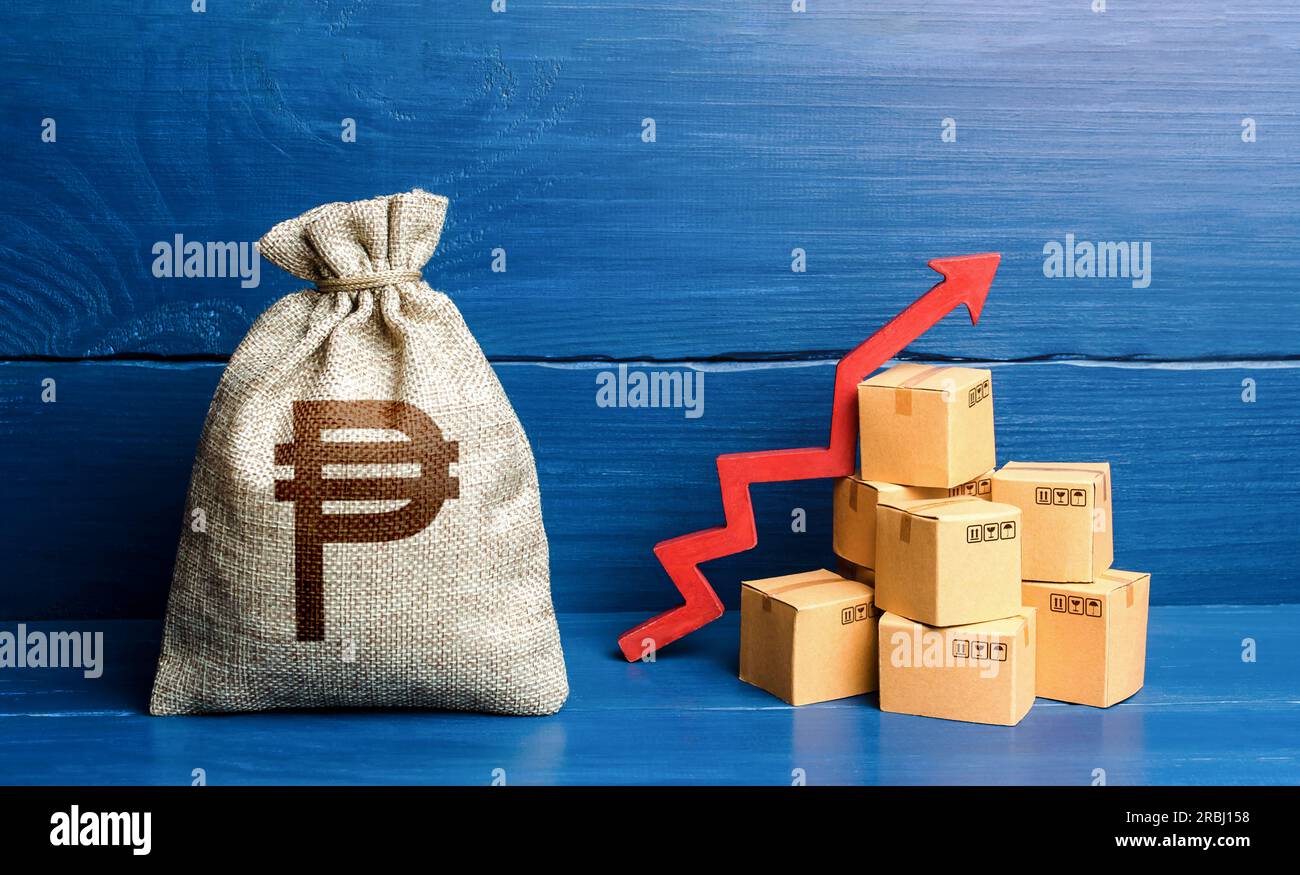Philippine peso money bag with boxes and up arrow. Income increase ...