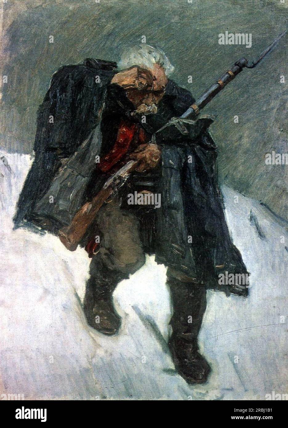 Old soldier descending from the snowy mountain 1898; Russian Federation ...