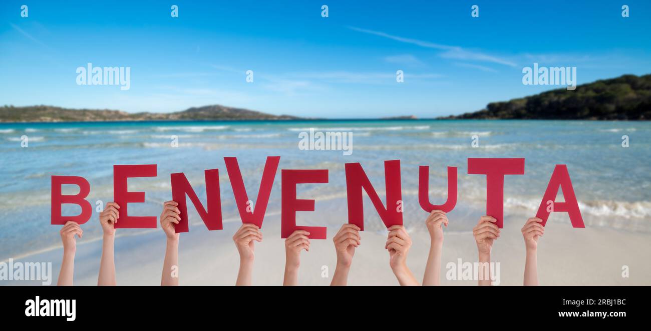 People Hands Building Word Benvenuta Means Welcome, Ocean And Sea Stock ...