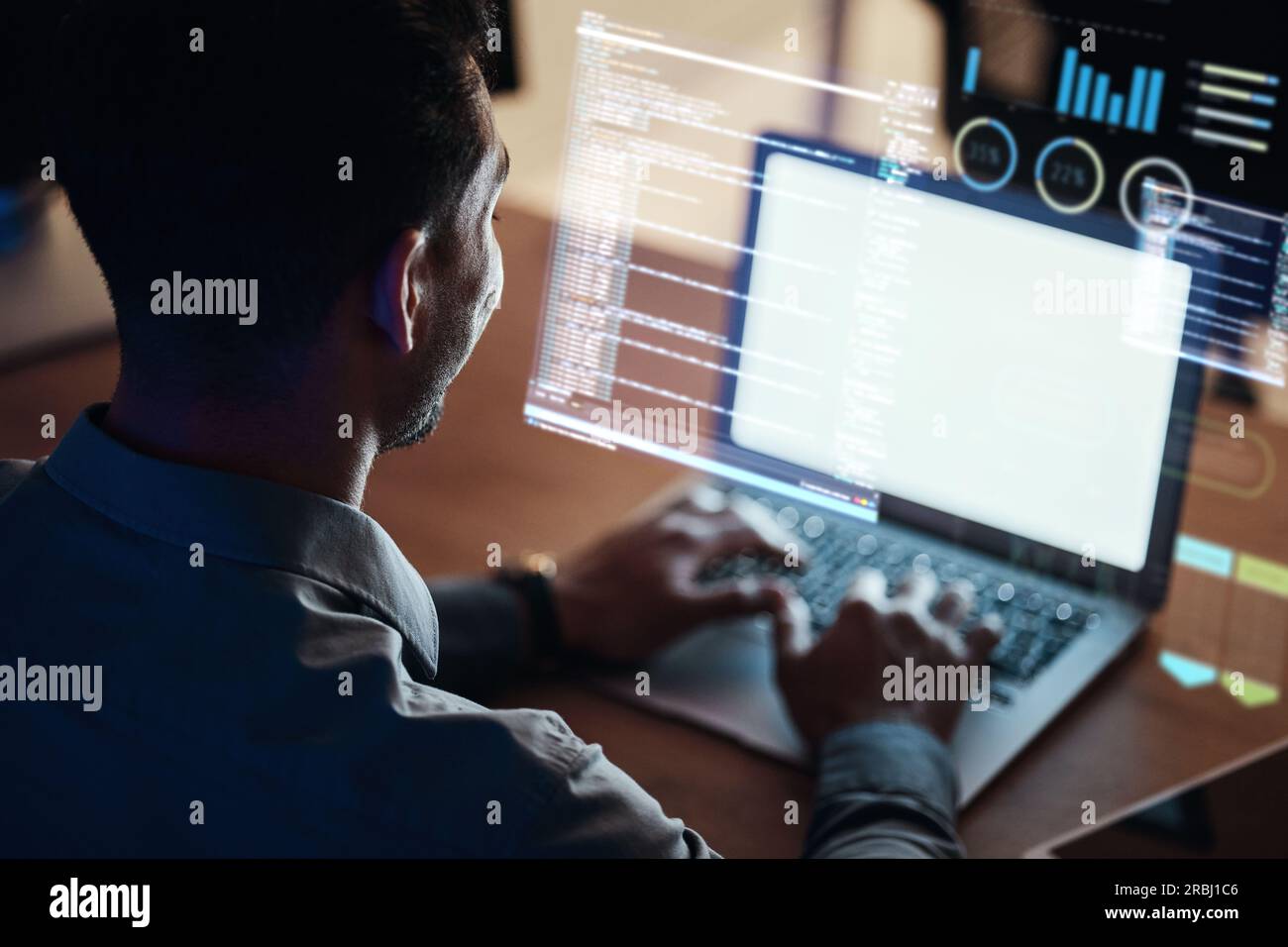 Hologram, programming and man with a laptop, code and typing with data software, stock market ...