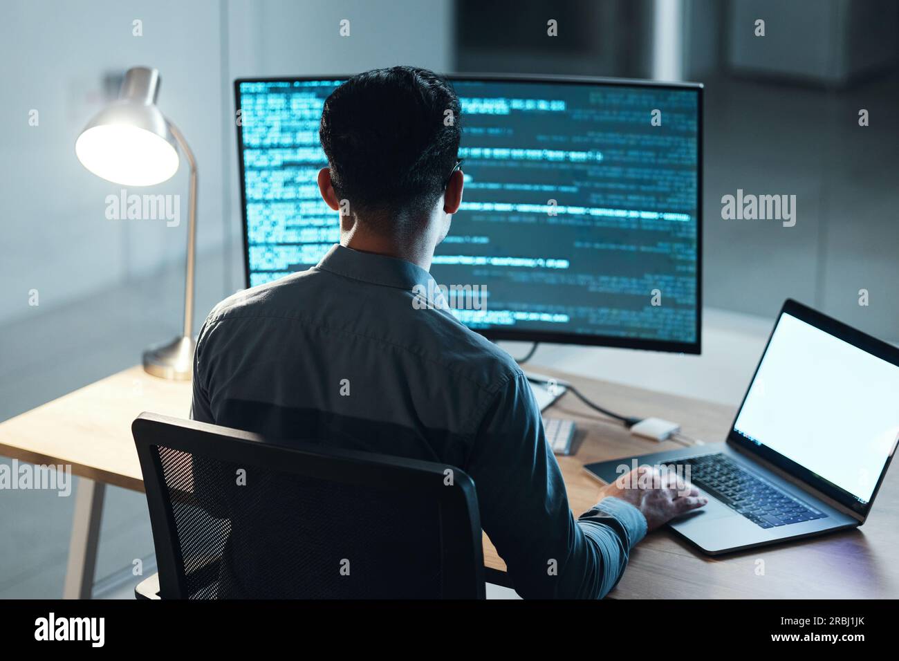 Office Programming And Man With Technology Code And Typing With Data Analytics Cyber Security