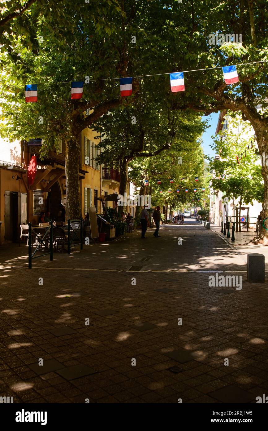 Charismatic French village Collobrières with architecture, flags, and ...