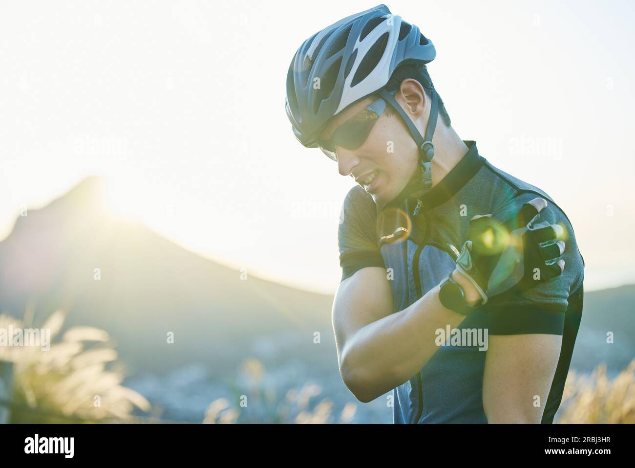 Man, cycling and training with muscle injury, shoulder pain or stress ...