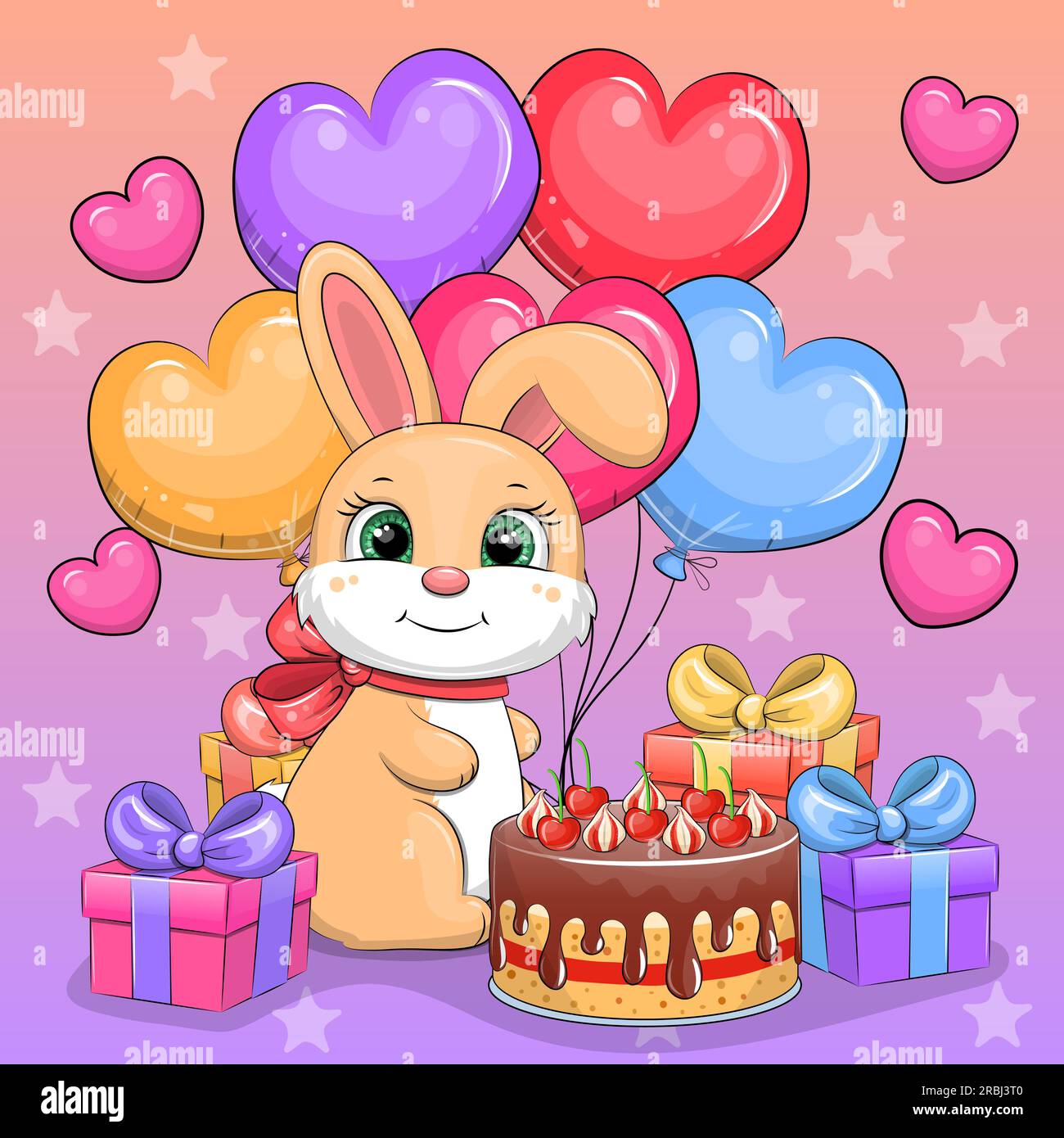 Birthday of cute cartoon bunny with cake, gifts, balloons and hearts ...